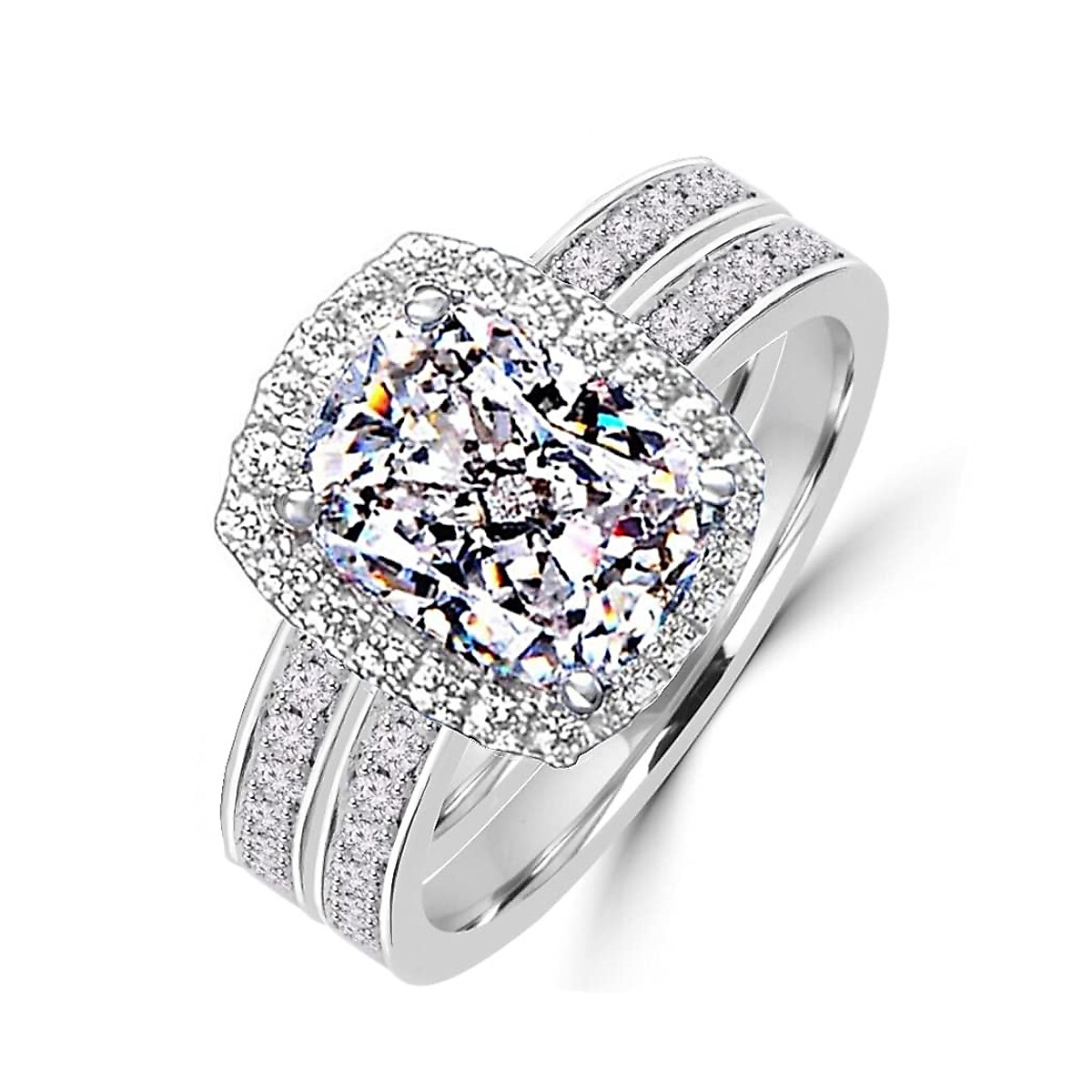 Diamonbella Supreme 101 Facets 2 Carat Rectangular Cushion Cut NSCD Simulated Diamond Ring Band Set Solid 925 Silver Halo Design (6.5)