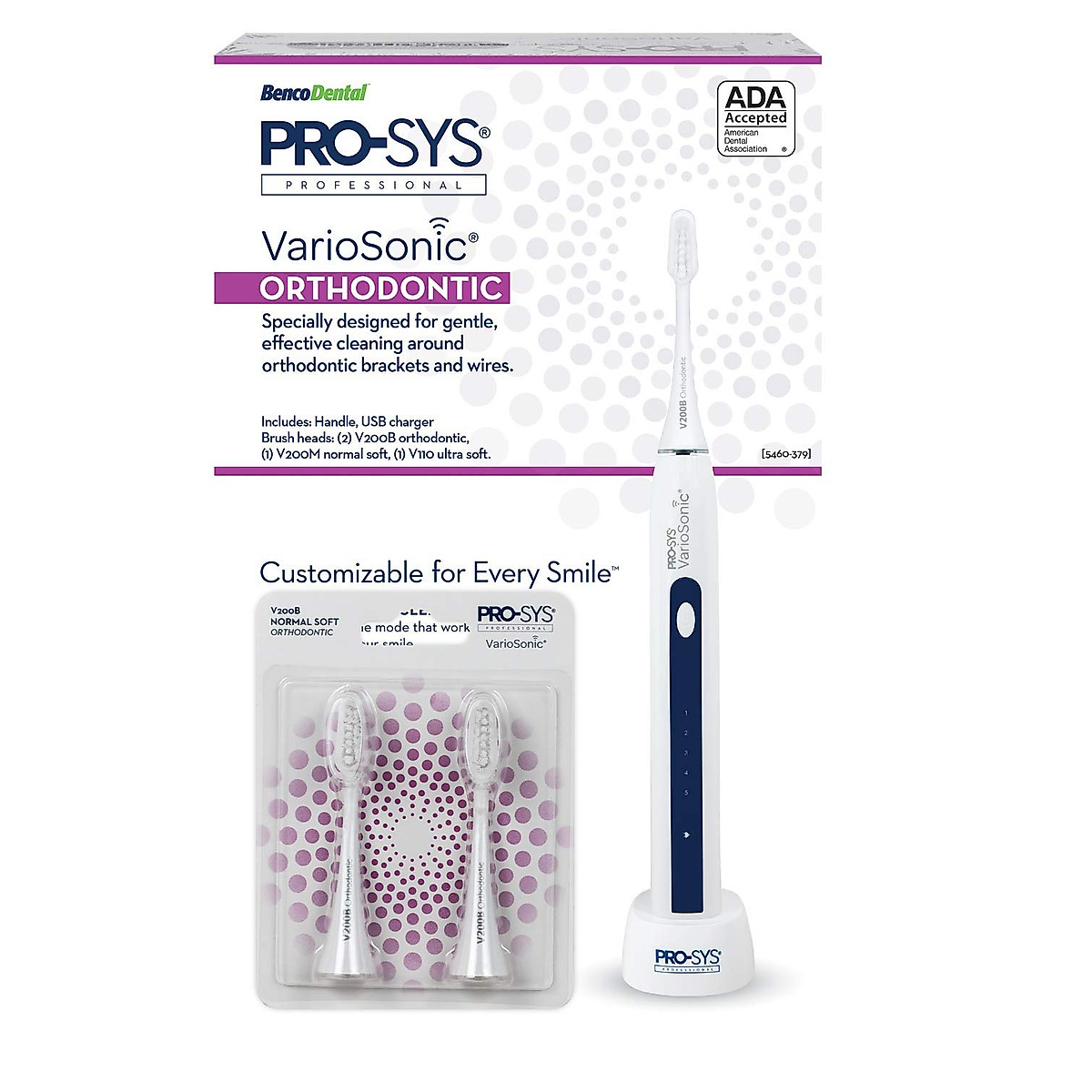 PRO-SYS VarioSonic Orthodontic for Braces, Dentures, Dental Implants Electric Toothbrush, Extra Soft Replacement Dupont Brush Heads, Rechargeable Power ADA Accepted Smart Sonic Toothbrush with Timer
