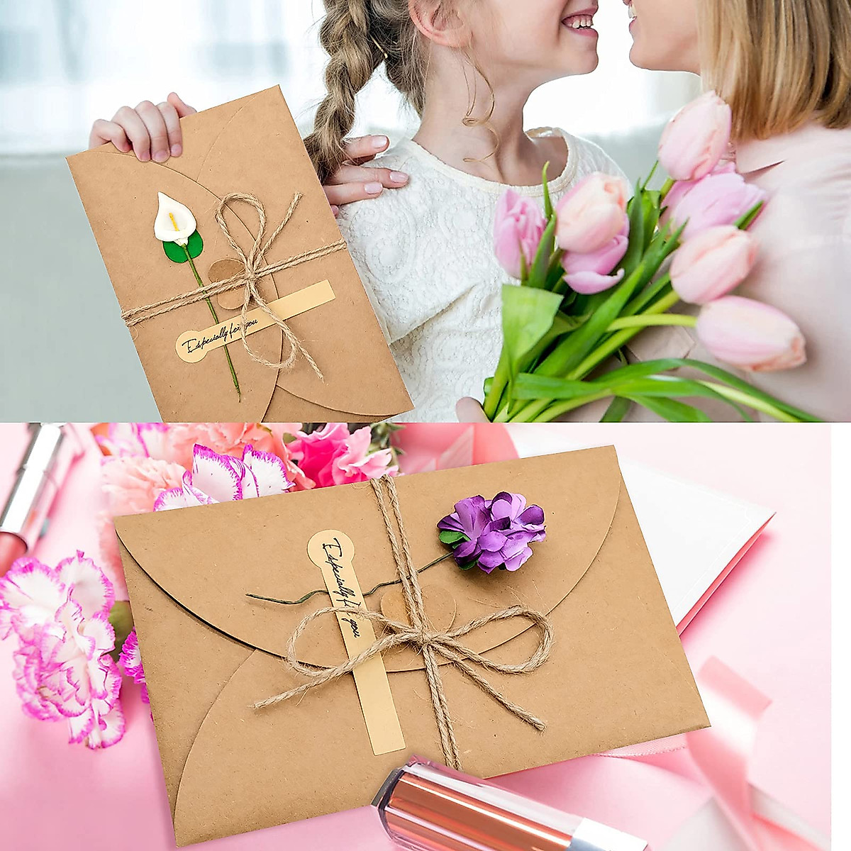 JJYHEHOT 12 Packs Dried Flowers Greeting Card with Envelopes, Brown Retro Kraft Holiday Gift Card, DIY Invitation Wish Card Note Card Thank You Card for Birthday Christmas