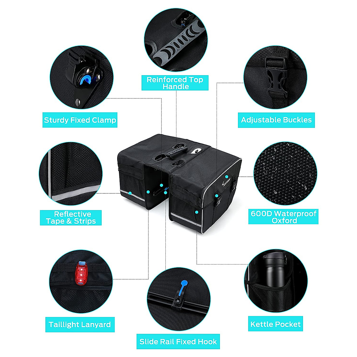 Sportneer Bike Bag - 29L Waterproof Bike Panniers Grocery Bag with Adjustable Hooks & Large Pockets - Bike Rack Bag with Reflective Trim & Rain Cover for Width Less Than 5.5'' Bike Rack