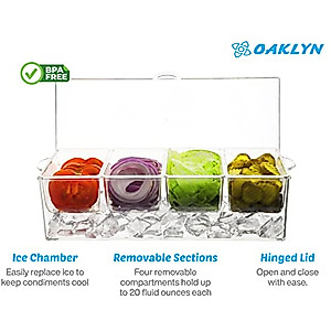 Oaklyn Large Clear Condiment Server Organizer on Ice with Containers and Lid – BPA-Free Serving Bar Compartments and Plastic Box Tray – Chilled Caddy Dispenser Set - Holds 80 oz Total