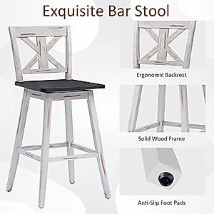COSTWAY Bar Stools Set of 2, 360 Degree Swivel, 29-inch Height Chairs w/Non-Slip Foot Pads, Rubber Wood Bar Chairs, Vintage Bar Stools for Home, Restaurant (White)