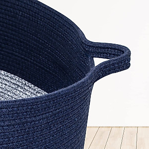 Annecy XXLarge Cotton Rope Basket, 21x13 Inches Blanket Basket Living Room, Woven Baby Laundry Basket with Handle for Toy, Towels, Pillows, Decorative Basket for Blankets, Blue & Grey
