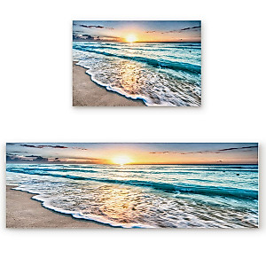 Kitchen Mat Set 2 Piece Non Slip Soft Rubber Back Doormat,Washable Floor Mat Living Room Carpet Runner Rug Set- Tropical Sand Beach Sea Waves Sunrise Seaside Scene (19.7" x 31.5"+19.7" x 47.2")