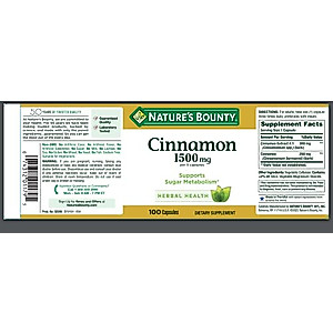 Nature's Bounty Cinnamon Herbal Supplement, Supports Sugar Metabolism, 1500mg Capsules, 100 Count