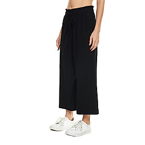 LNX Womens High Waisted Capri Pants 100% Linen Wide Leg Drawstring Flowy Comfy Crop Pants Black