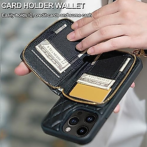 LAMEEKU iPhone 14 Pro Wallet Case, Quilted Leather Crossbody Purse with RFID Card Holder, Shockproof - 6.1 Inch, Black