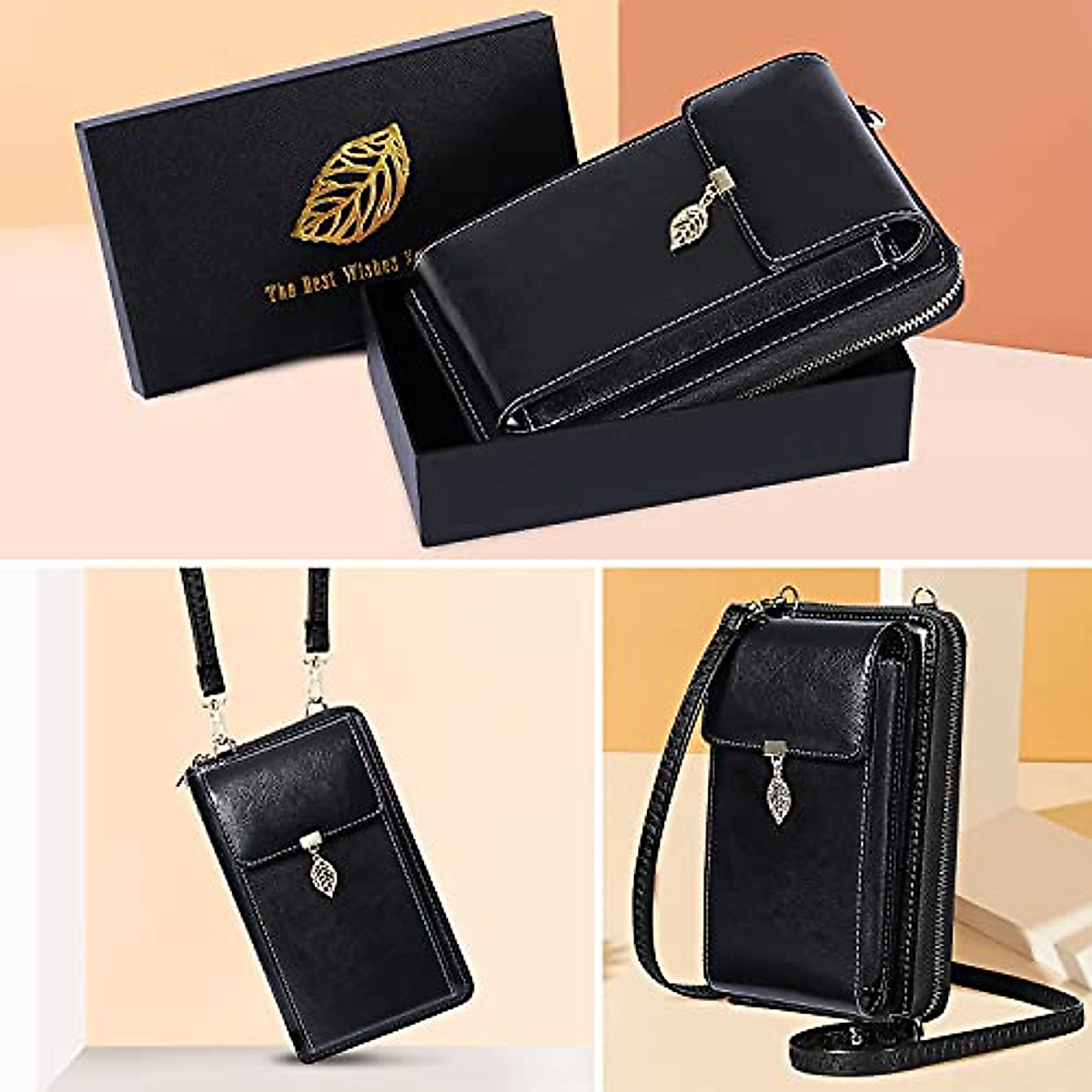 HUANLANG Small Crossbody Phone Bags for Women Leather Cell Phone Purse Wallet RFID Blocking Ladies Shoulder Bag Credit Card Slots Lightweight Crossbody Bag