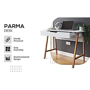 Parma 42 Inch Modern Desk - Home & Office Small Computer Desk with Wide Drawer - Wooden Study Writing Minimalist Desk with Storage for Small Space, Bedroom & Workstations - Student Desk/Table (White)