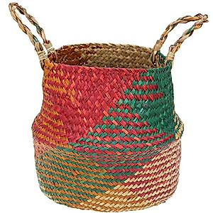 Wedhapy Woven Basket Rattan Basket Seagrass Belly Storage Basket with Handles Woven Foldable Storage Pot Plant Basin Cover for Laundry Beach Bag (S)