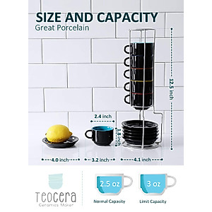 Teocera Porcelain Espresso Cups with Saucers and Metal Stand - Set of 6 Stackable Demitasse Cups, 2.5 Ounce for Coffee and Tea, Black Multi Color
