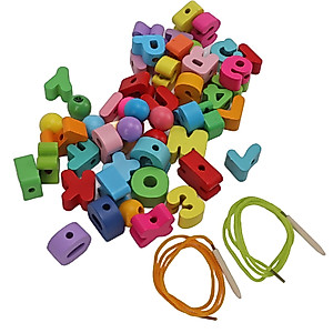 51Pcs Wooden Lacing Beads, Alphabet Letters Numbers Threading String Toys Preschool Fine Motor Skills Toy for Kids Boys Girls