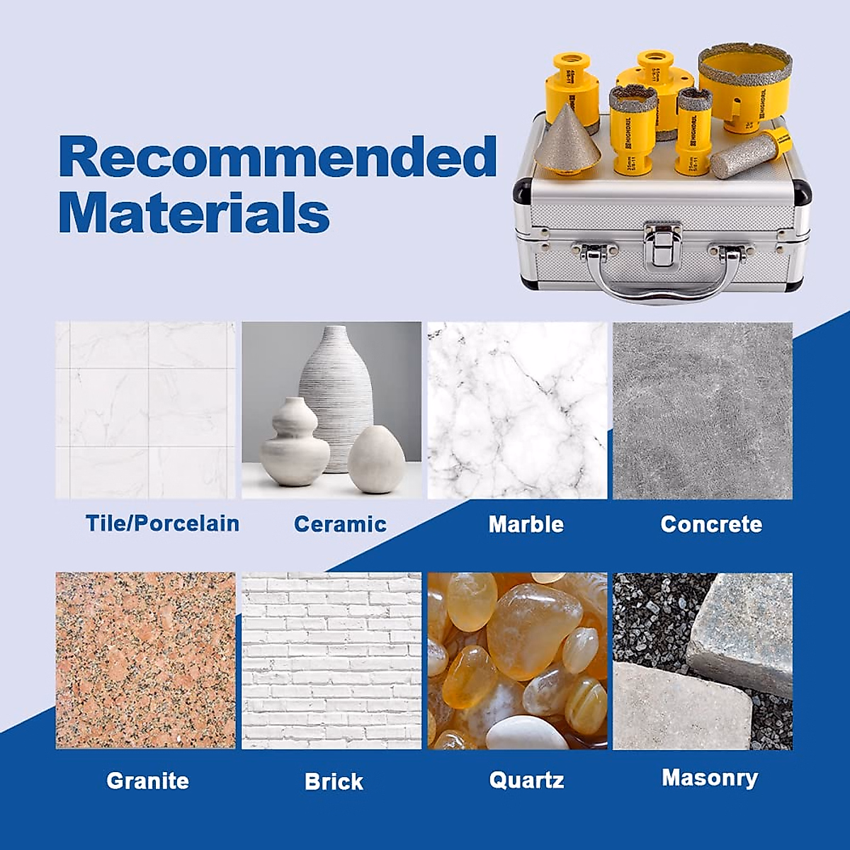 HIGHDRIL Diamond Drill bits kit with 5/8-11 for Porcelain Porcelain Tile Ceramic Marble Brick Concrete Vacuum Brazed Hole Saw (25/35/45/65/75mm+20mm Finger Bits+50mm Beveling Chamfer Bit)