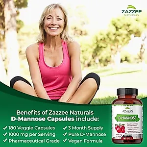 Zazzee D-Mannose, 1000 mg per Serving, 180 Vegan Capsules, 3 Month Supply, Potent & Fast-Acting, Certified Kosher, 100% Pure, All-Natural Urinary Tract Health UTI Support, 100% Vegetarian, Non-GMO