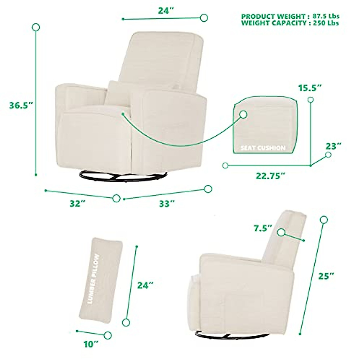 Evolur Holland Upholstered Plush Seating Glider Swivel, Glider Chair for Nursery in Thunder, Modern Nursery Glider, Tool-Free Assembly, Easy to Clean, Environmentally Conscious Glider