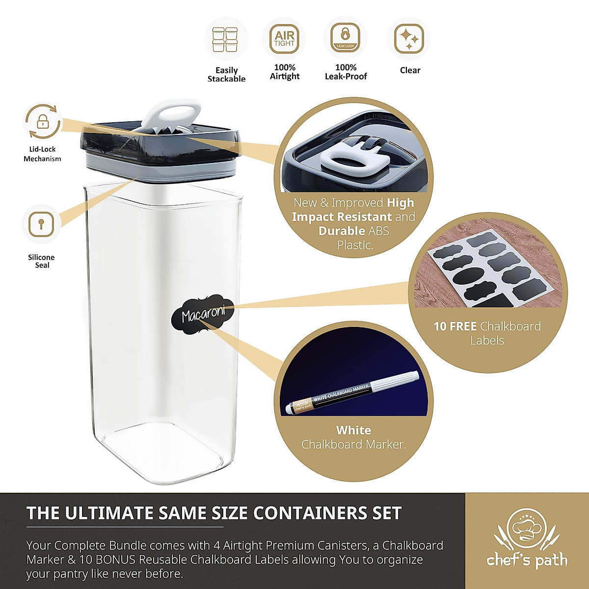 Chef's Path Airtight Food Storage Containers (28 Pack) for Kitchen & Pantry Organization - BPA Free Cereal, Spaghetti, Sugar & Snack Cannisters for Pantry Storage - Free Marker Labels & Measuring Cups