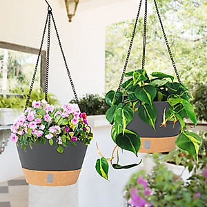 QCQHDU 2 Pack Hanging Planters Set,10 Inch Indoor Outdoor Hanging Plant Pot Basket,Hanging Flower Pot with Drainage Hole with 3 Hooks for Garden Home(Grey)