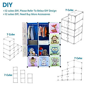 BRIAN & DANY Portable Cartoon Clothes Closet DIY Modular Storage Organizer, Sturdy and Safe Wardrobe for Children and Kids, 8 Cubes&2 Hanging Sections, 30% Deeper Than Standard Version, Blue