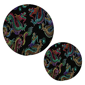 KEEPREAL Classic Embroidery Asian Dragon Trivet Pot Holder - Round Woven Potholders Set - Pure Cotton Braided Hot Pads - Coasters Table Mats for Cooking and Baking, 2-Pcs