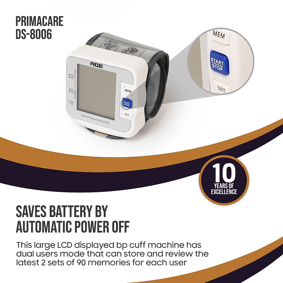 Primacare DS-8006 Wrist Blood Pressure Digital Heartbeat Monitor, BP Cuff Portable Plastic Case, Battery Operated, 2 Sets of 90 Memory