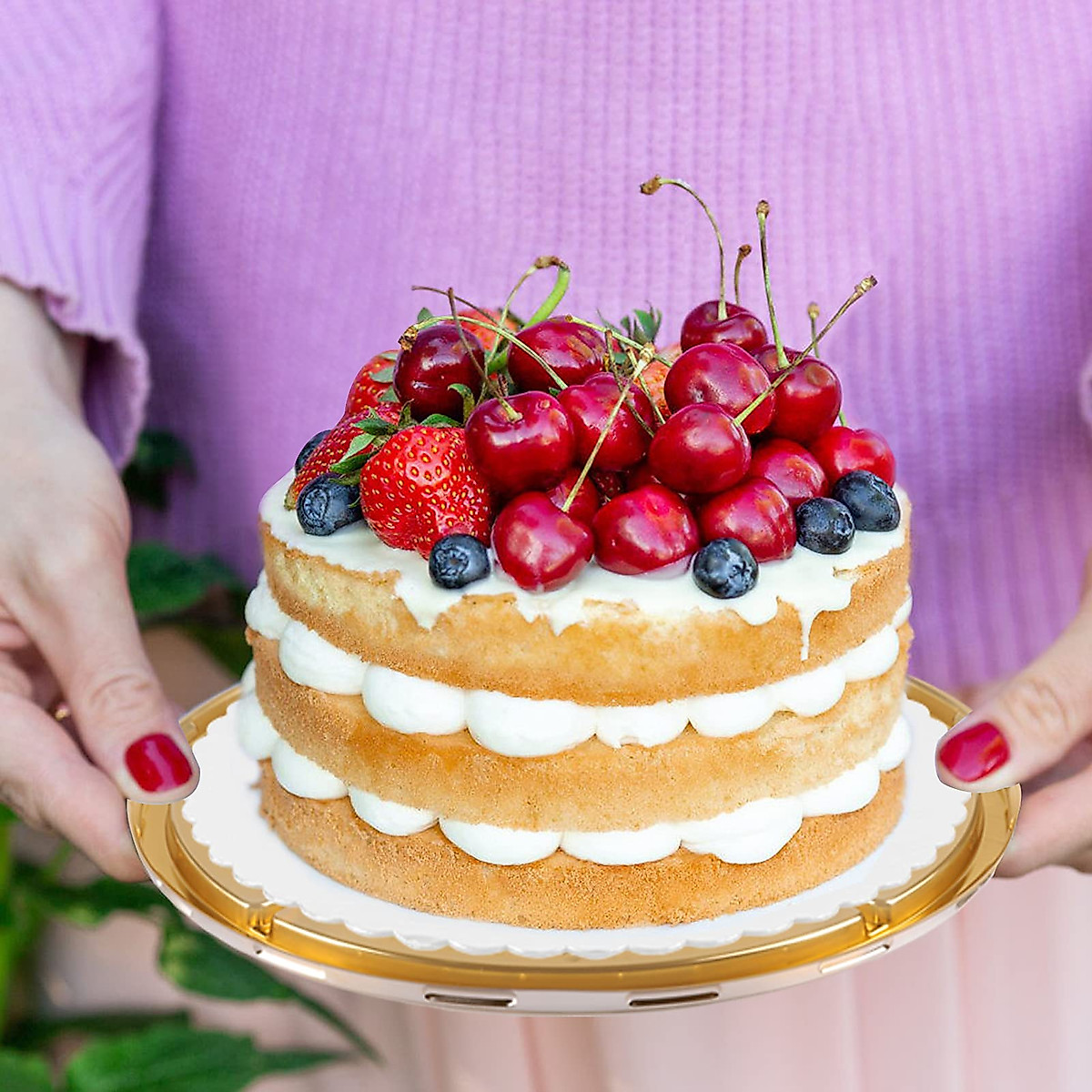 NPLUX 10 Inch Plastic Cake Carriers Gold Cake Containers with Lid and White Cake Boards, Clear Cupcake Holder for 1-2 Layer Cheesecake, Bundt Cake Pie Bakery Supplies (5 Pack)