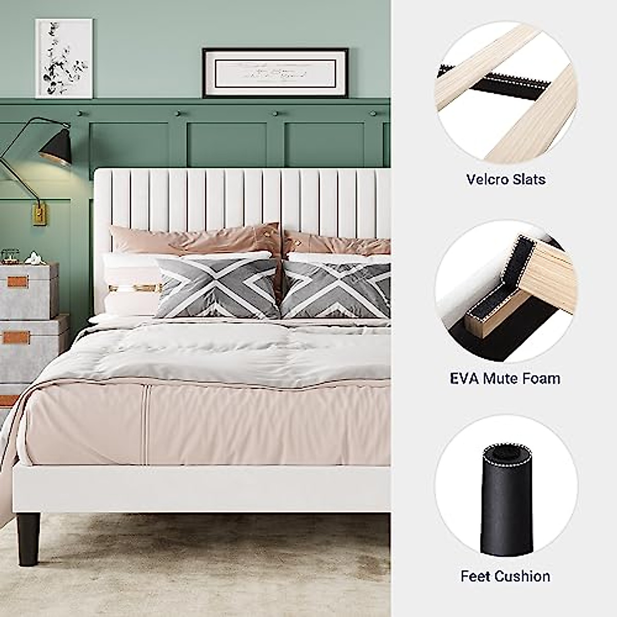 Allewie Queen Bed Frame, Velvet Upholstered Platform Bed with Adjustable Vertical Channel Tufted Headboard, Mattress Foundation with Strong Wooden Slats, Box Spring Optional, Easy Assembly, Off-White