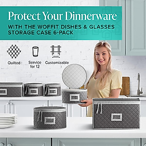 Woffit China Storage Containers - 6 Pack, Quilted Dinnerware & Stemware Set Bins for Packing Dishes and Glasses w/ 48 Felt Protectors - Essential Dish Supplies for Moving, Christmas, Seasonal Storage ﻿