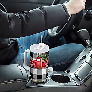 ODAWA 30 Oz Black White Plaid Christmas Trucks Insulated Tumblers with Handle and Straw Lid, Stainless Steel Vacuum Insulated Tumbler Travel Coffee Tumbler