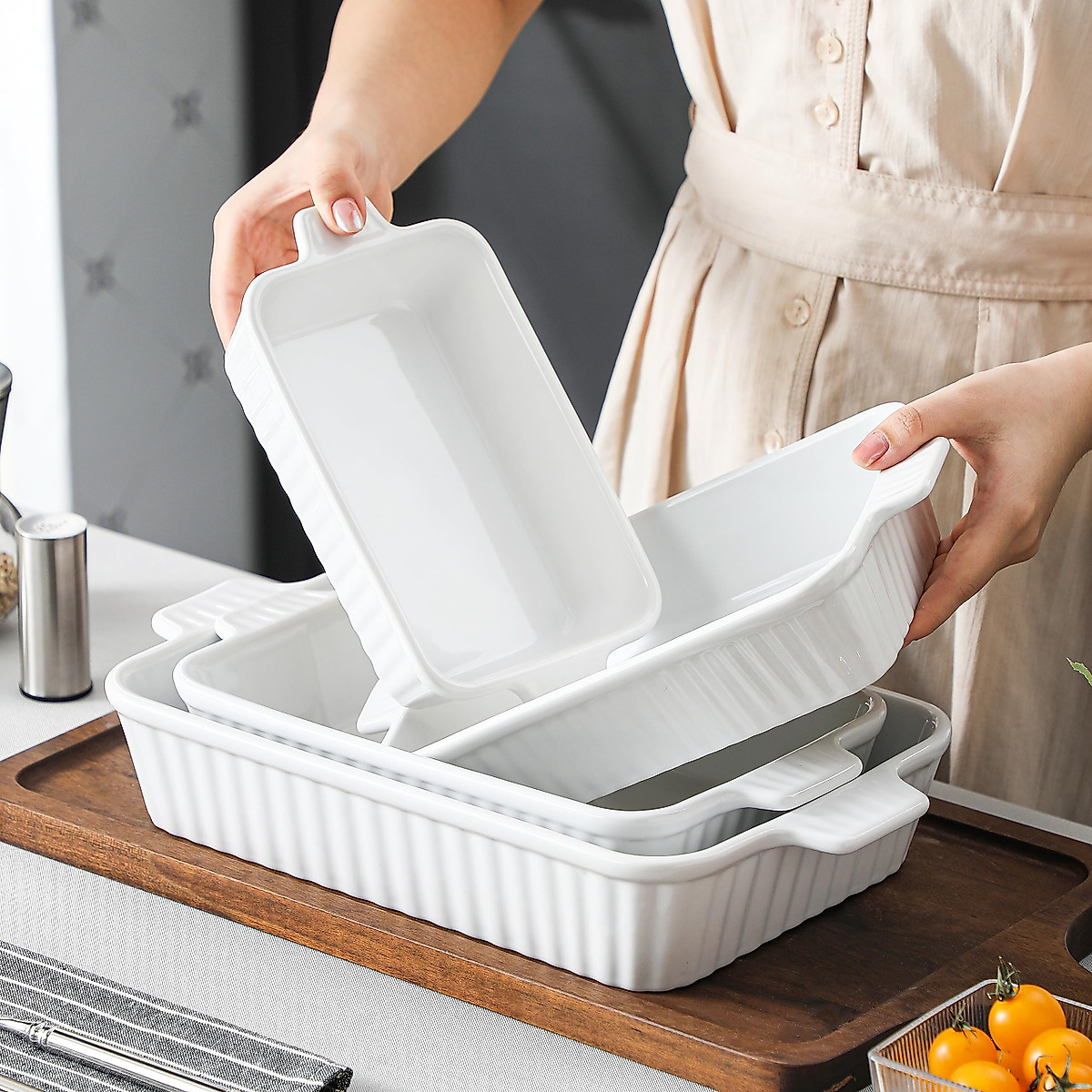 MALACASA Casserole Dishes for Oven, Porcelain Baking Dishes, Ceramic Bakeware Sets of 4, Rectangular Lasagna Pans Deep with Handles for Baking Cake Kitchen, White (9.4"/11.1"/12.2"/14.7"), Series