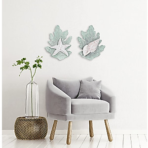 T.I. Design Hand-Carved Wood Starfish and Turban Shell on Reef | Coastal Seashells Beach Wall Decor Set of 2