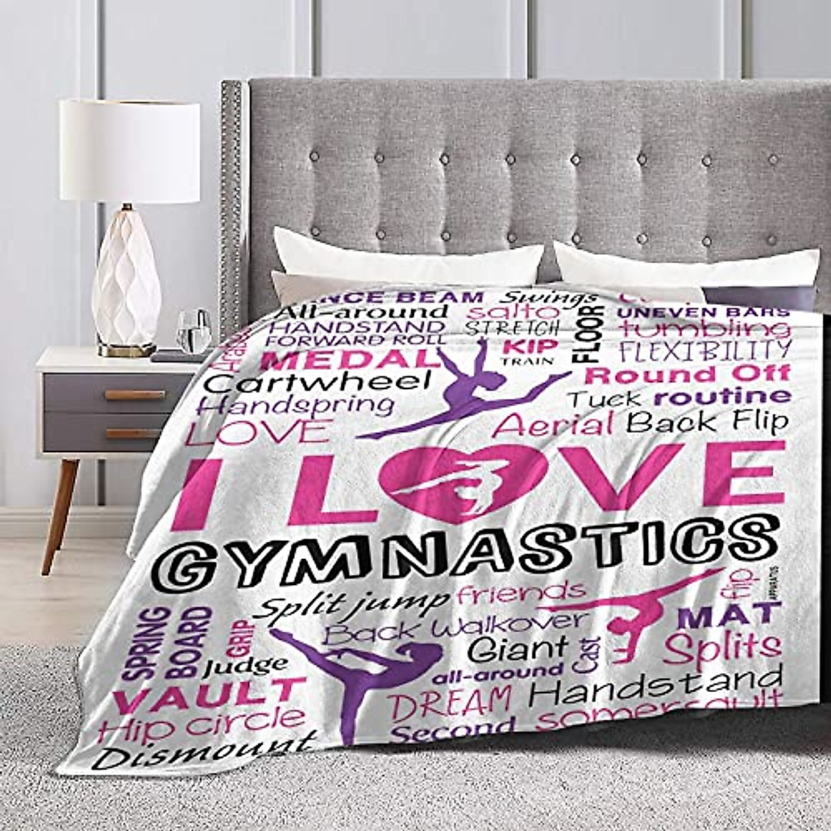 I Love Gymnastics Blankets and Throws,Cool Gymnastics Gifts for Girls Women,Flexibility Sport Fleece Plush Blanket,Ultra Soft Cozy Fuzzy Sofa Flannel Blanket - Hot Purple Pink, 50"x40"