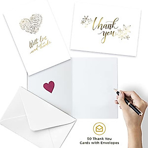 Fresh & Lucky 50 Elegant Thank You Assorted Blank Cards With Envelopes - Classic Multiple Golden and Silver Floral Print Stylish Design on White Thick Paper - Perfect For Weddings, Business Events, Invitations, Memorial Donations, Funeral Contributions, B