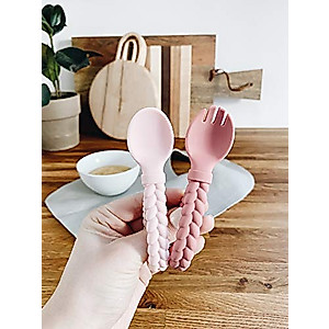 Itzy Ritzy Silicone Spoon & Fork Set; Baby Utensil Set Features A Fork and Spoon with Looped, Braided Handles; Made of 100% Food Grade Silicone & BPA-Free; Ages 6 Months and Up, Pink