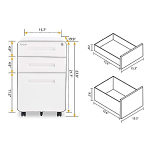 Bonnlo 23.8" H 3 Drawer Rolling File Cabinet with Lock, Mobile File Cabinet Under Desk with Pencil Tray, White Locking File Cabinet for Home Office, Metal Filing Cabinet Printer Stand Fully Assembled