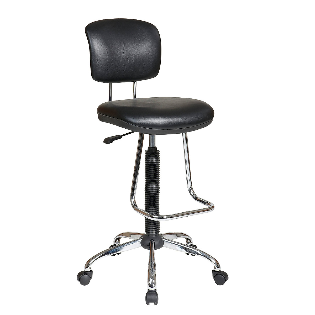 Office Star DC Series Pneumatic Drafting Chair with Vinyl Stool and Back, Heavy Duty Chrome Teardrop Footrest, Black
