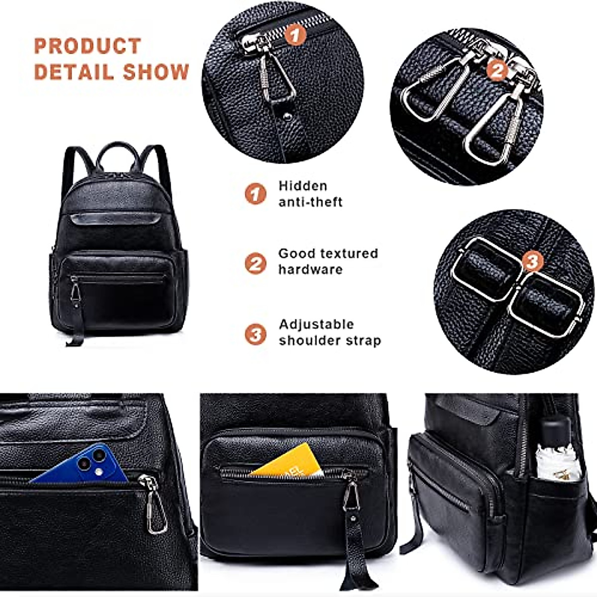 AMELIE GALANTI Small Black Backpack Purse For Women,Womens Casual Leather Daypack Backpacks