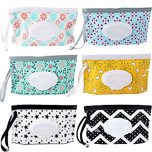 FEBSNOW 6 Pack Baby Wipes Dispenser, Portable Refillable Wipe Holder, Baby Wipes Container, Reusable Wipes Case, Baby Travel Wet Wipes Pouch