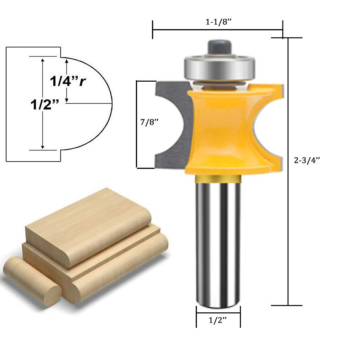 TAIWAIN 5PCS Router Bit Set 1/2 Inch Shank Woodworking Cutter, Half Round Bearing Bullnose Milling Cutter Bits, Carbide Tipped Round Edge Cutting Ball Blade Radius 1/8" 3/16" 1/4" 5/16" 3/8" (E-S04)