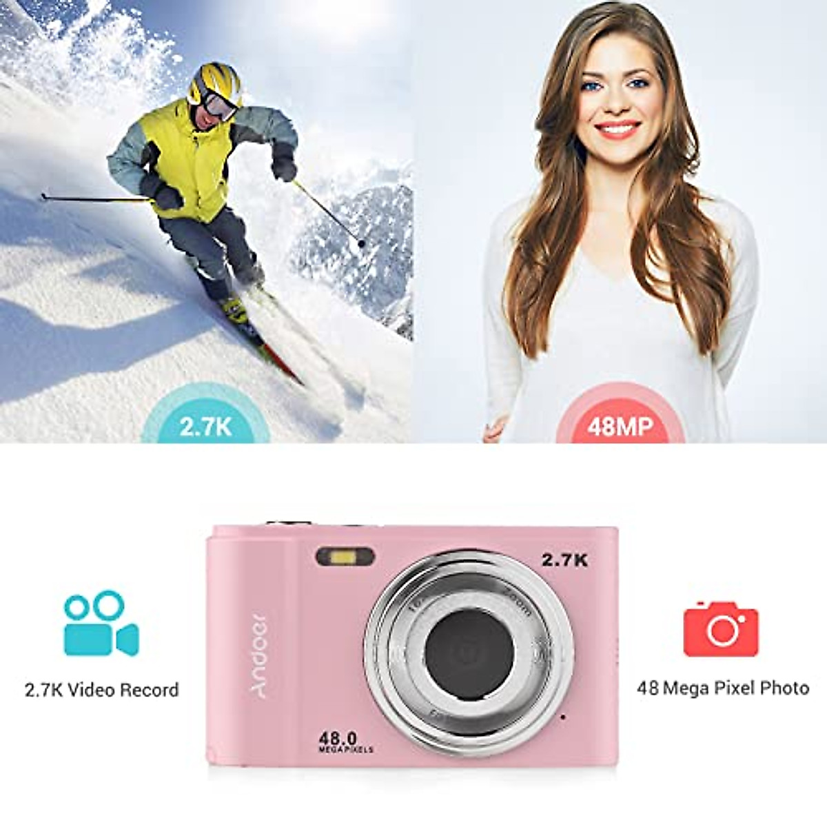 Andoer Portable Digital Camera 48MP 2.7K 2.88-inch IPS Screen 16X Zoom Auto Focus Self-Timer 128GB Extended Memory Face Detection Anti-Shaking with 2pcs Batteries Hand Strap Carry Pouch