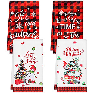 Cunhill 4 Pack Winter Blue Kitchen Towels, 18 x 28 Inch Winter Gnome Kitchen Dish Towel Blue Wood Tiered Tray Tea Hand Drying Baking Cloth Birdhouse Pine Cone Decor Home Decorations