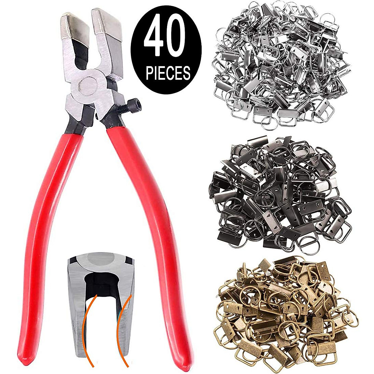 Qovydx 40PCS Key Fob Hardware Set, 39PCS 1 Inch Keychain Hardware with 1PCS Key Fob Pliers for Wristlet Keychain, Key Lanyard and Key Chain Making Hardware Supplies