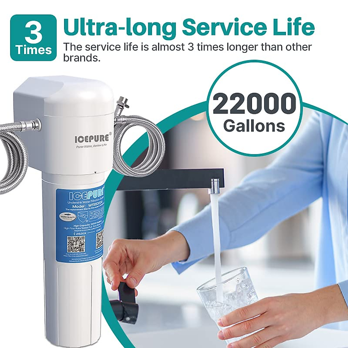 ICEPURE Under Sink Drinking Water Filter System, 3 Years or 22K Ultra High Capacity NSF/ANSI 42 Certified, Direct Connect Under Counter, 0.5 Micron Removes 99.99% Chlorine Odor USA Tech