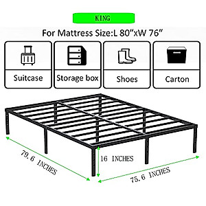 ALDRICH Metal King Size Bed Frame - 16 Inch Tall Black Basic Anti Squeak Steel Slats Platform, Easy Assembly Heavy Duty Noise Free Bedframes, No Box Spring Needed