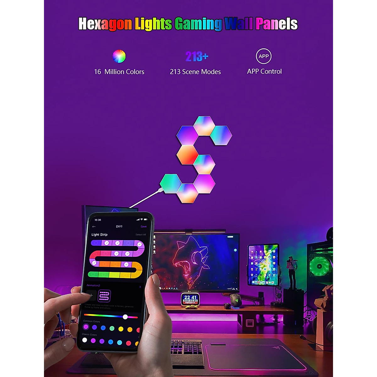 selfila Music Sync DIY Hexagon Lights - 8 Pack Smart APP and Remote RGB Wall Light Hexagonal Modular Gaming Light Honeycomb Shape Panels LED Lights for Bedroom Children Room Decor