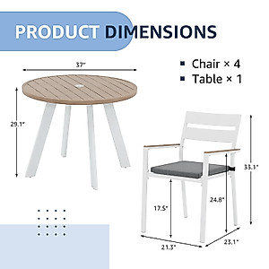 OC Orange-Casual 5 Piece Aluminum Patio Dining Set, Outdoor Furniture Set with 4 Stackable Cushioned Chairs and Round Weather Resistant Table w/Umbrella Hole for Deck, Backyard, Poolside(Grey)