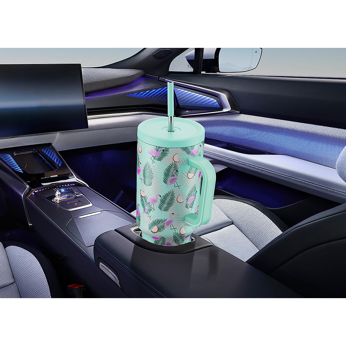 Meoky 40 oz Tumbler with Handle and Straw, Tumbler with Lid and Straw, Insulated Stainless Steel Travel Mug, 100% Leak-proof, Keeps Cold for 34 Hours or Hot for 10 Hours (Blue Flamingo)