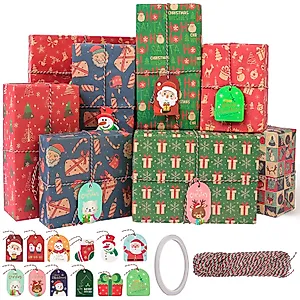 Maloun Christmas Gift Wrapping Paper Set with Gift Tags, 12 Sheet Classic Kraft Holiday Gift Wrap Paper, Suitable for Christmas and New Year, and DIY Gifts