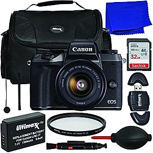 Ultimaxx Starter Canon M5 with 15-45mm Lens Bundle - Includes: 32GB Ultra Memory Card, Protective Multi-Coated UV Filter, 1x Replacement Battery, AC/DC Rapid Travel Charger & More (17pc Bundle)