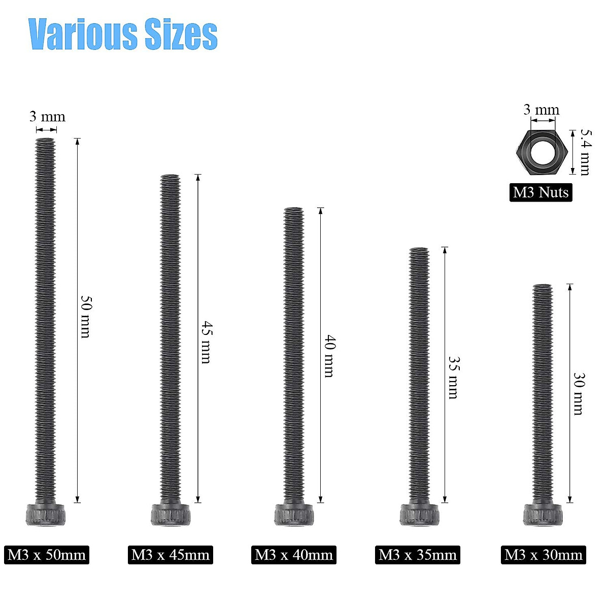 DYWISHKEY 200 Pieces M3 x 30mm/35mm/40mm/45mm/50mm, 12.9 Grade Alloy Steel Hex Socket Head Cap Bolts Screws Nuts Kit with Hex Wrench