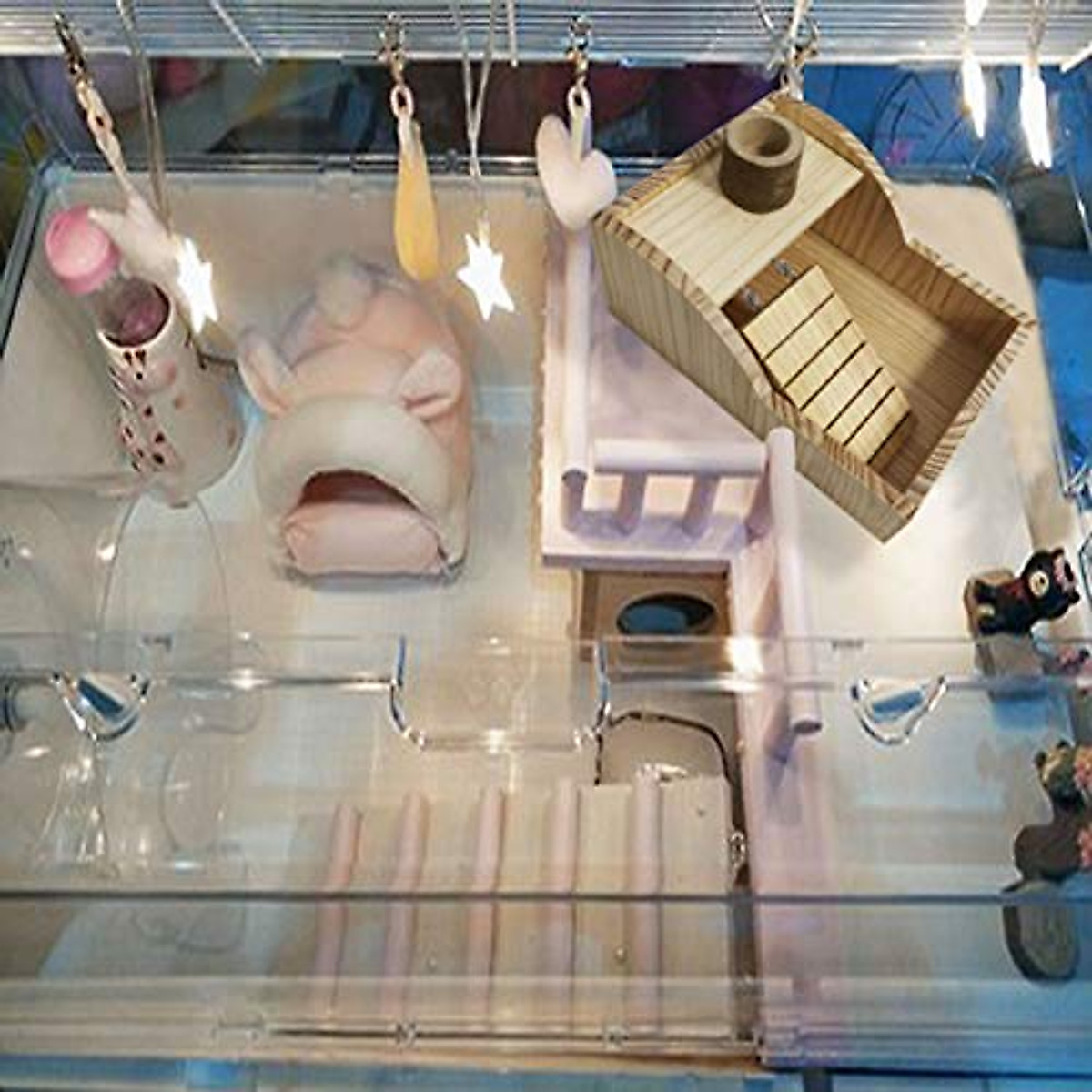 kathson Hamster Sand Bath Box Wooden Small Animals Shower Room Chinchilla Digging Sand Bathtub Container with Climbing Ladder Bowl for Dwarf Syrian Mice Mouse Gerbils Hedgehog